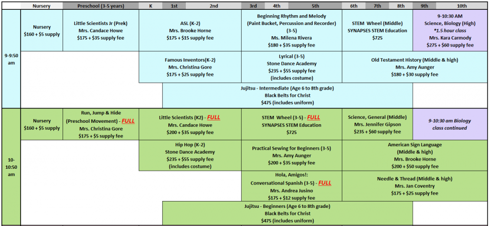 2020-2021 Class Schedule
